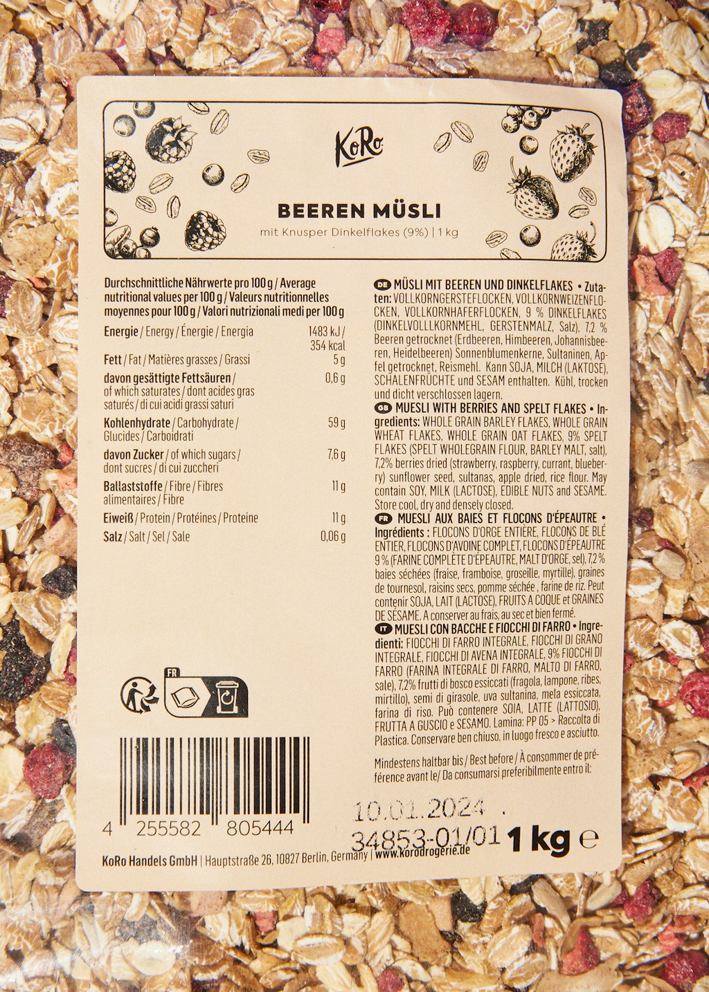 Muesli aux fruits rouges et flocons d'épeautre 1 kg | KoRo